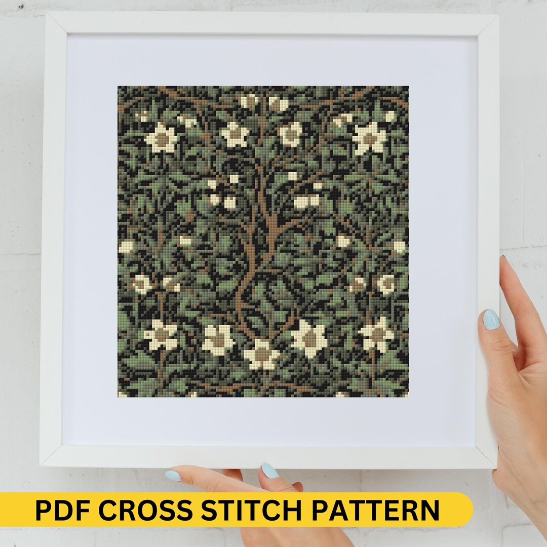 William Morris Inspired Blackthorn Wallpaper Floral Design Cross Stitch ...