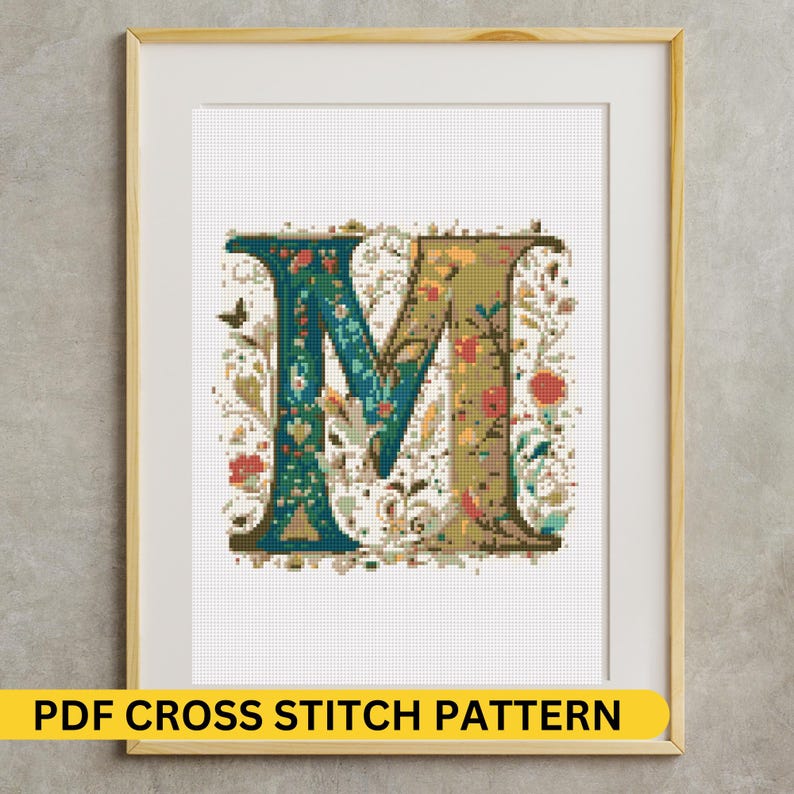 Floral Alphabet Cross Stitch Pattern | Whimsical Embroidery Letter M ...