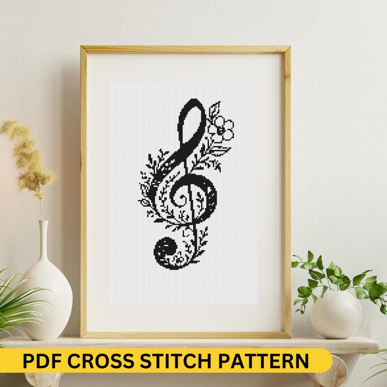 Monochrome G- CLEF With Floral Design Cross Stitch Pattern, Instant Pdf ...