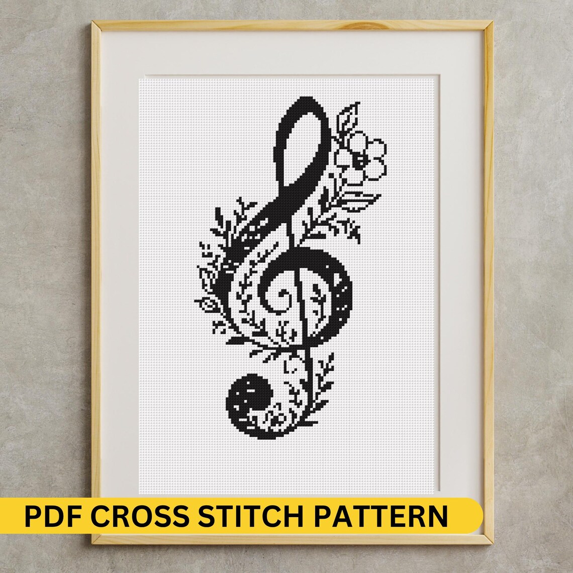 Monochrome G- CLEF With Floral Design Cross Stitch Pattern, Instant Pdf ...