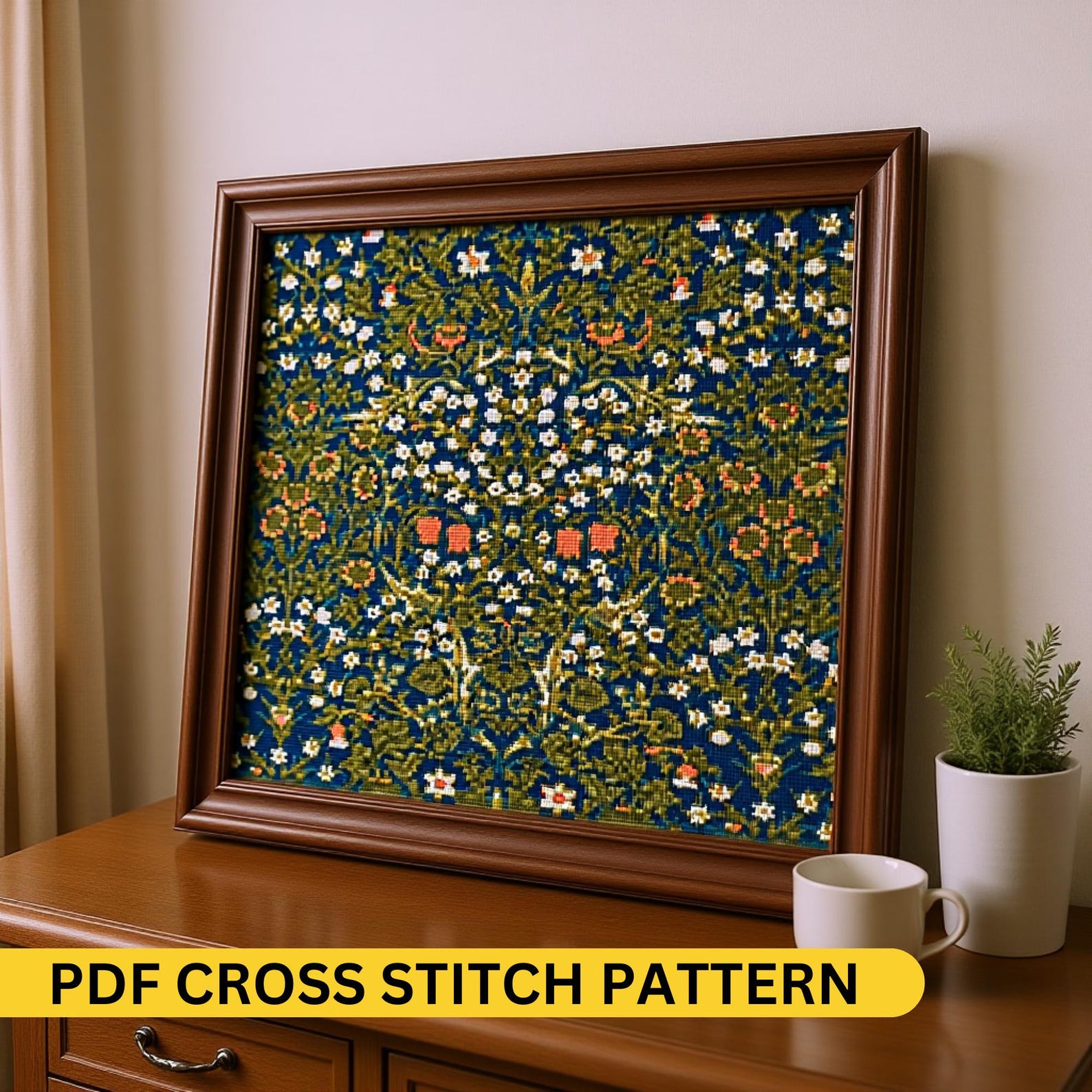 William Morris Inspired Blackthorn Wallpaper Floral Design Cross Stitch ...
