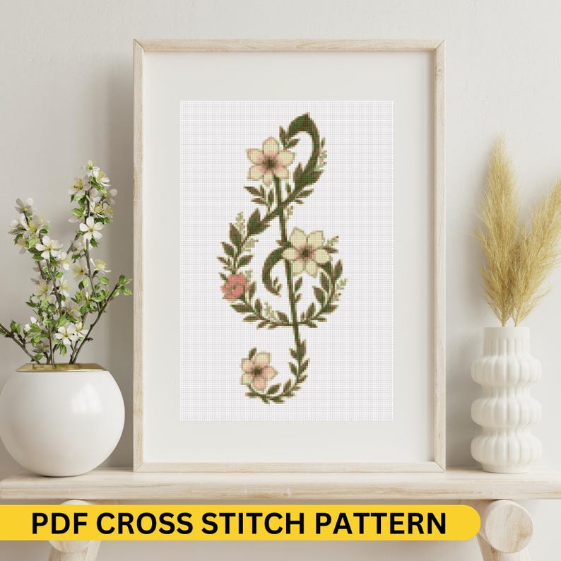 G- CLEF With Floral Design Cross Stitch Pattern, Instant Pdf Downloaded ...