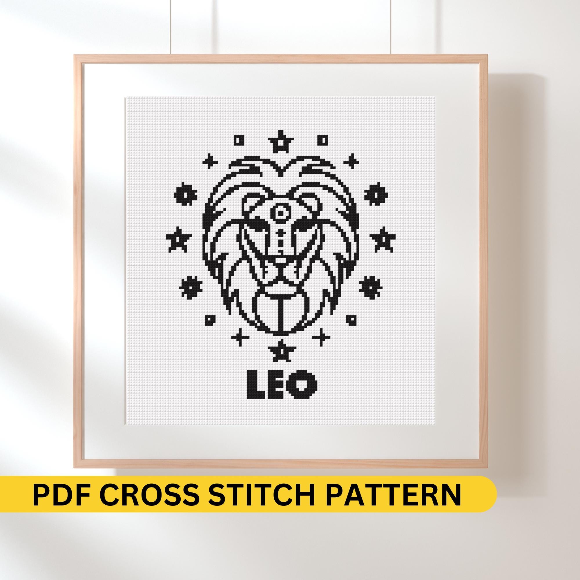 Leo Monochrome Cross Stitch Pattern, Zodiac Signs Printable PDF, Easy ...