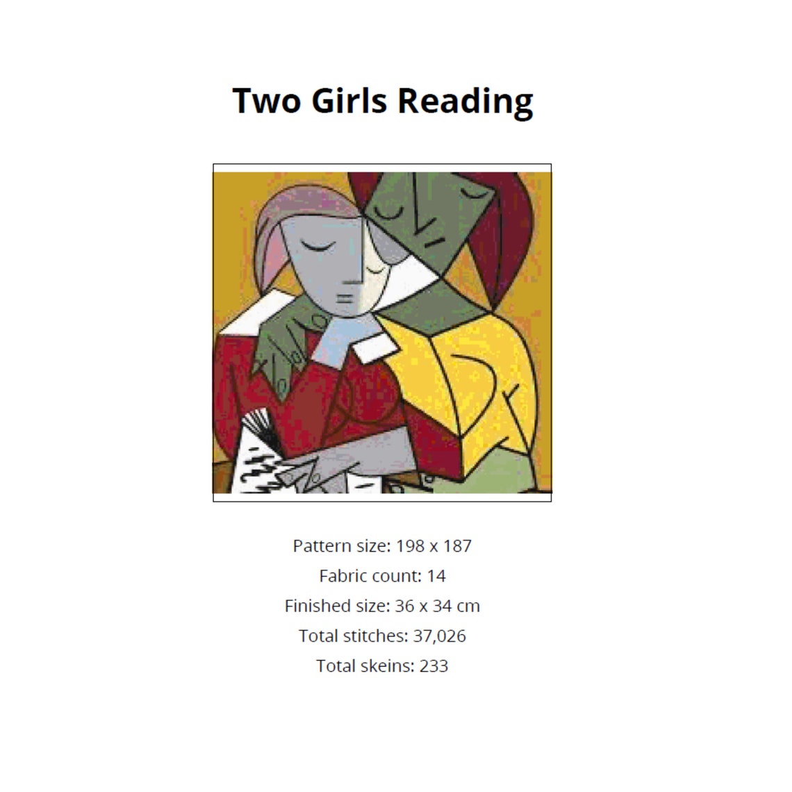 Pablo Picasso Two Girls Reading Masterpiece Cross-stitch Pattern PDF ...