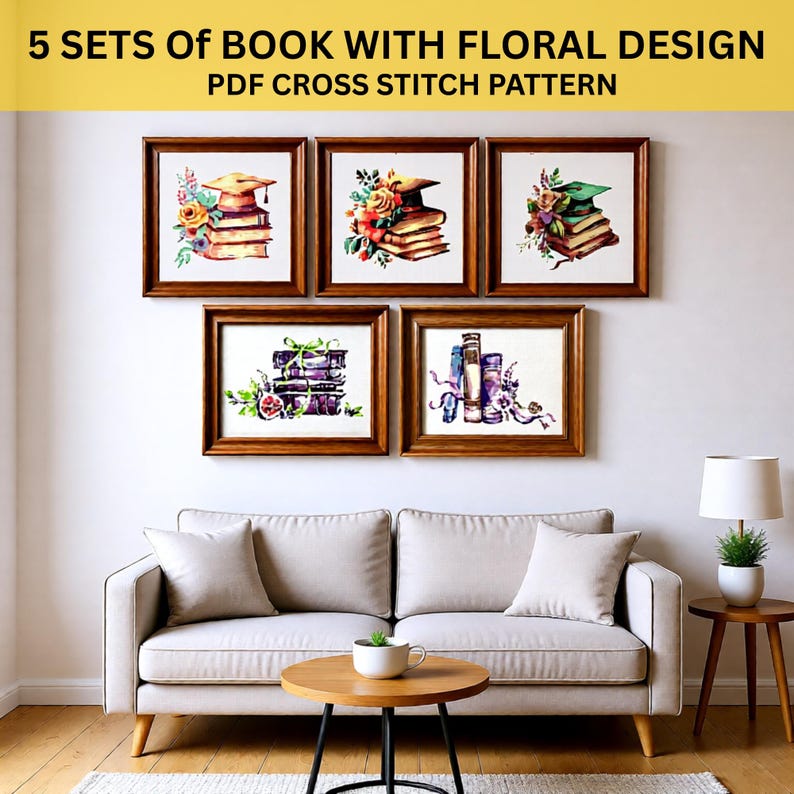 Graduation Cross Stitch Pattern | 5 Sets Vintage Books & Floral Design ...