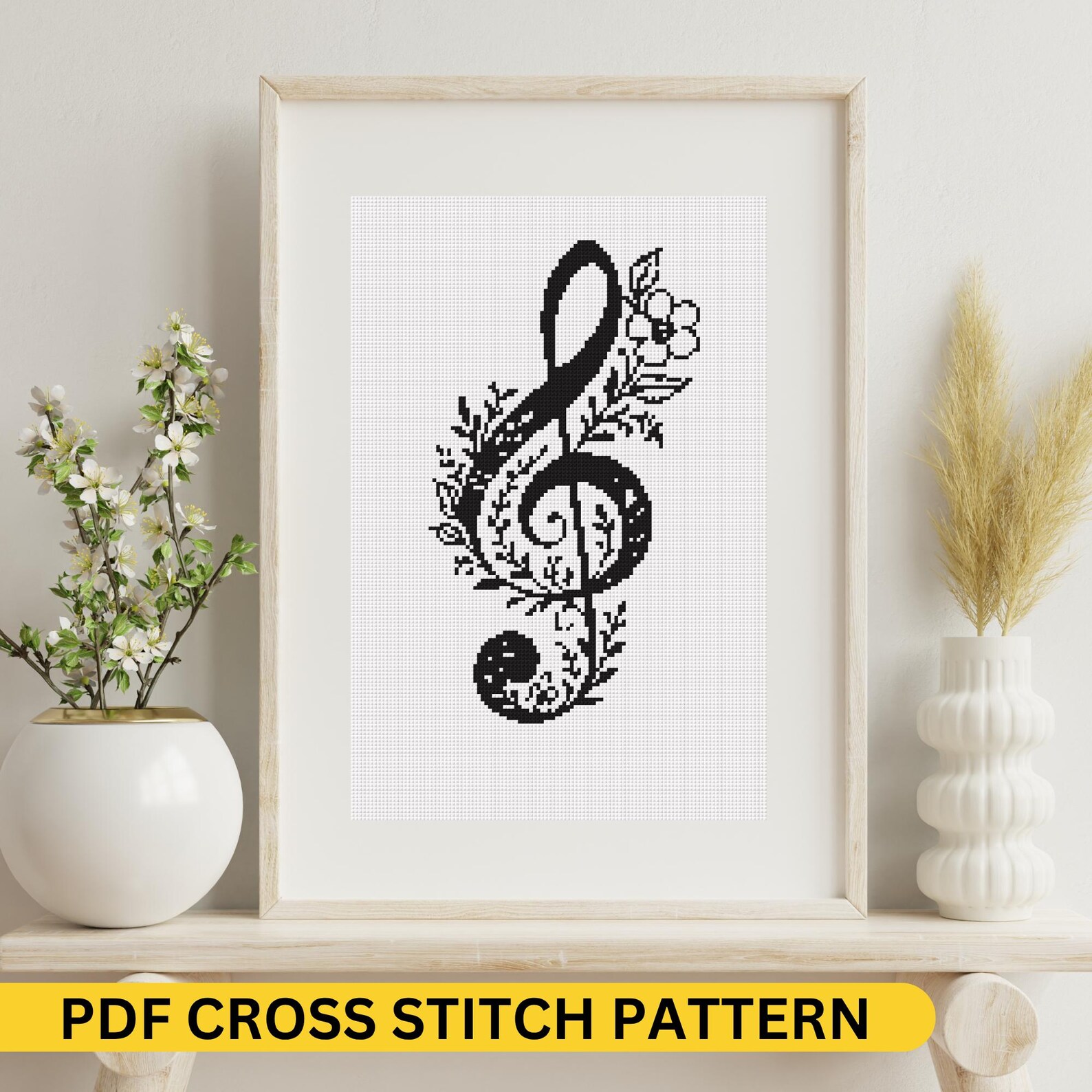 Monochrome G- CLEF With Floral Design Cross Stitch Pattern, Instant Pdf ...