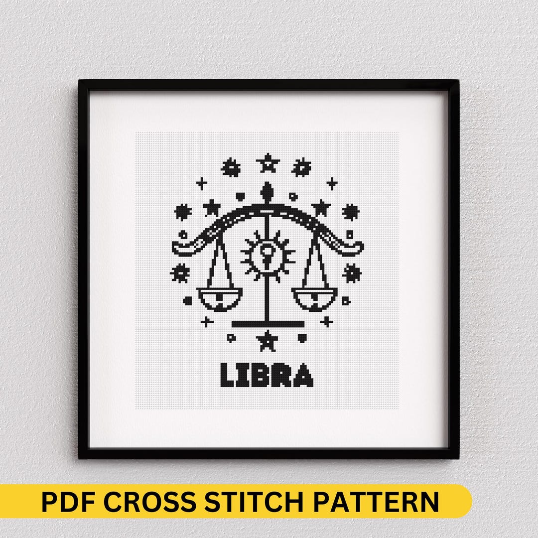 Libra Monochrome Cross Stitch Pattern, Zodiac Signs Printable PDF, Easy ...