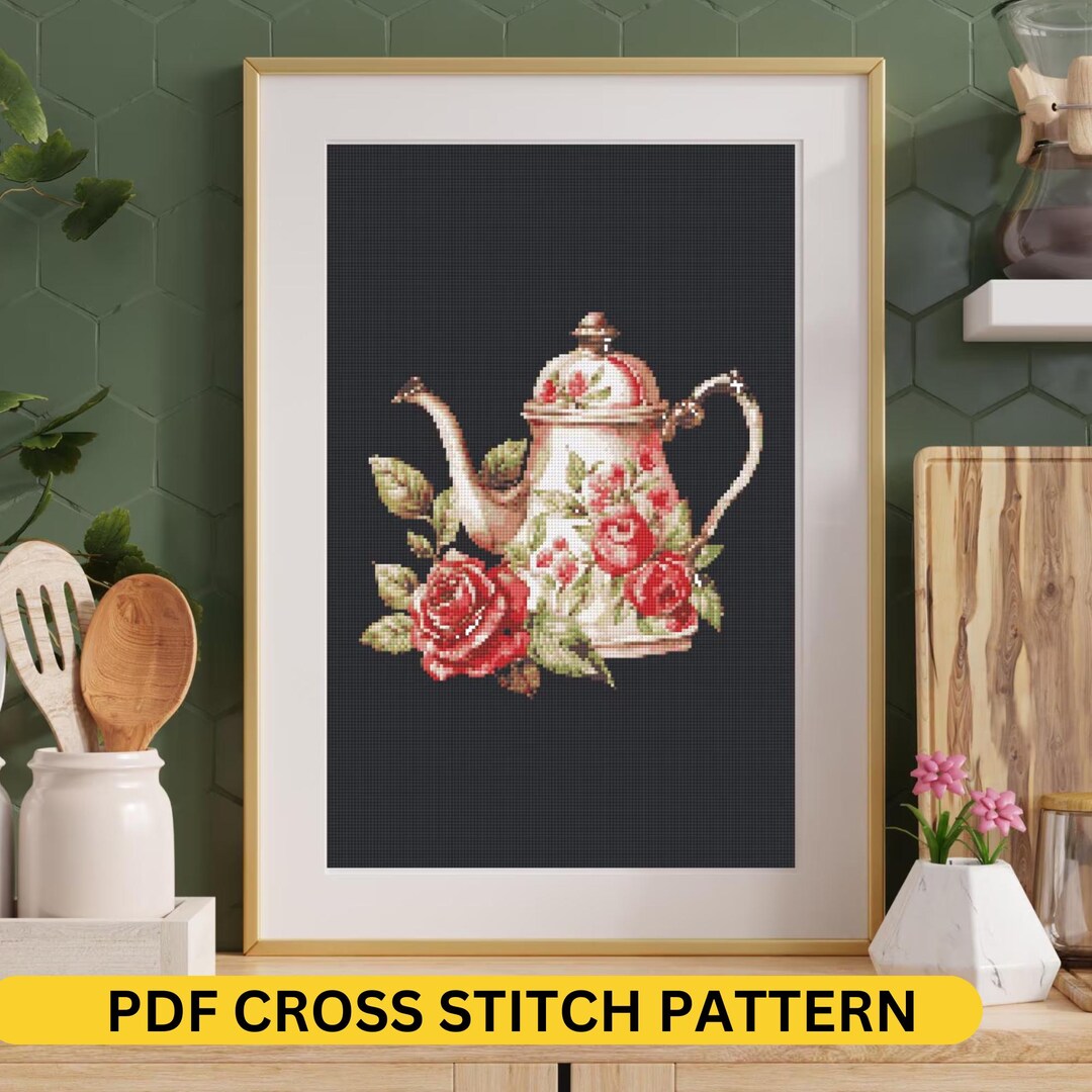 Vintage Tea Pot Cross Stitch Pattern Kitchen Still Life Modern Decor ...