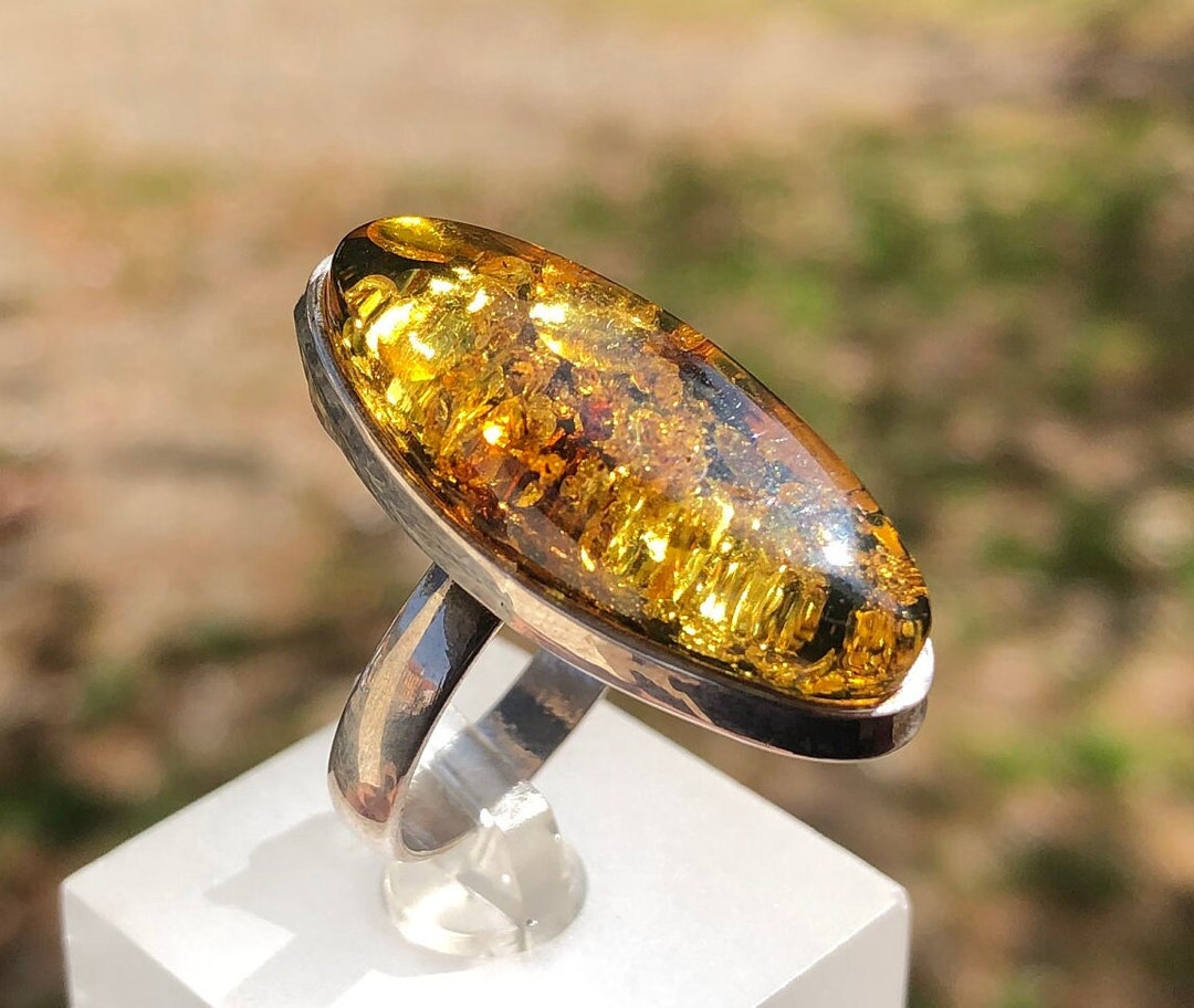 Desiger Baltic Amber Ring in 925 Silver, Green Spectacular Amber ...