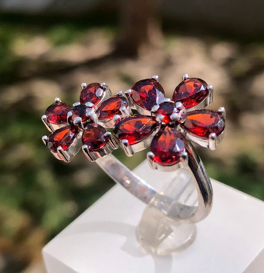 Garnet Flowers Ring in 925 Sterling Silver / Red Garnet Rings for Women ...