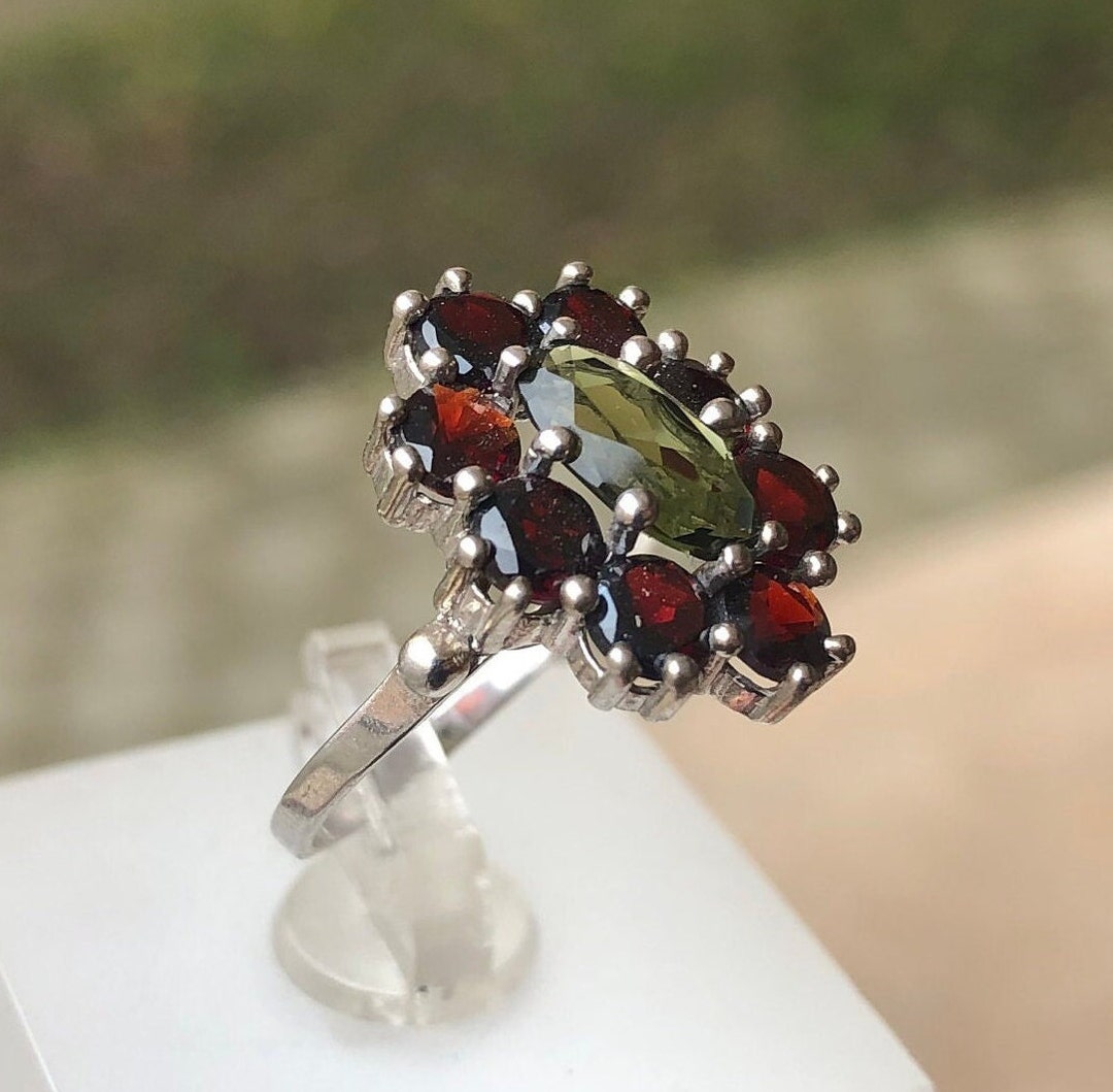 Genuine Moldavite Ring in 925 Sterling Silver With Red Garnet Around ...
