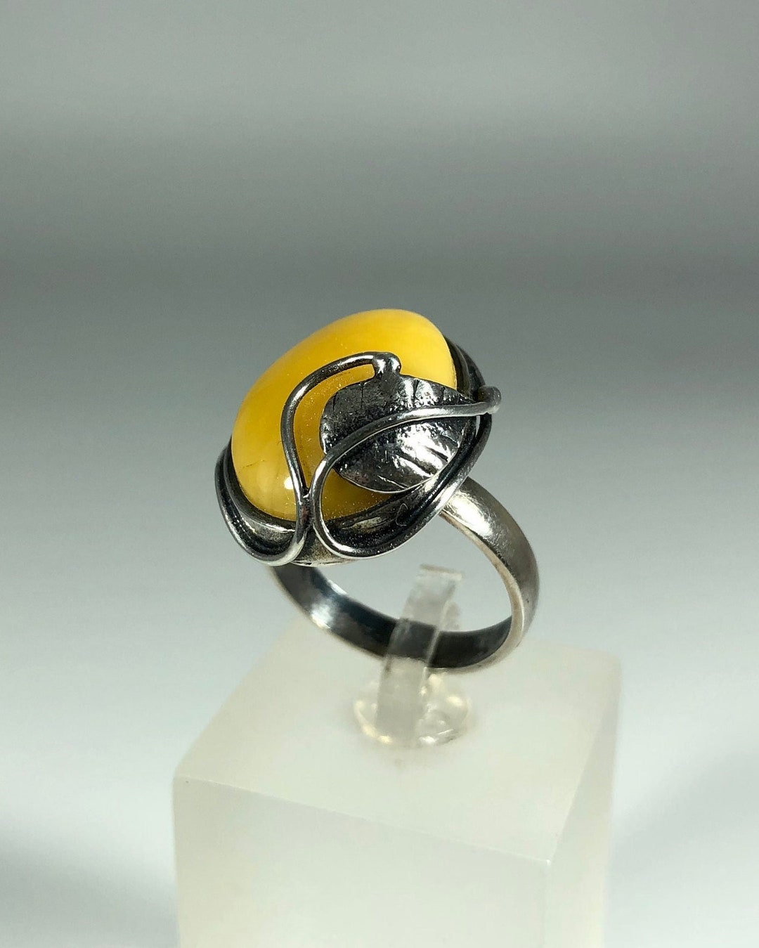 Handcrafted Yellow Amber Ring: Textured Sterling Silver, Artisan ...