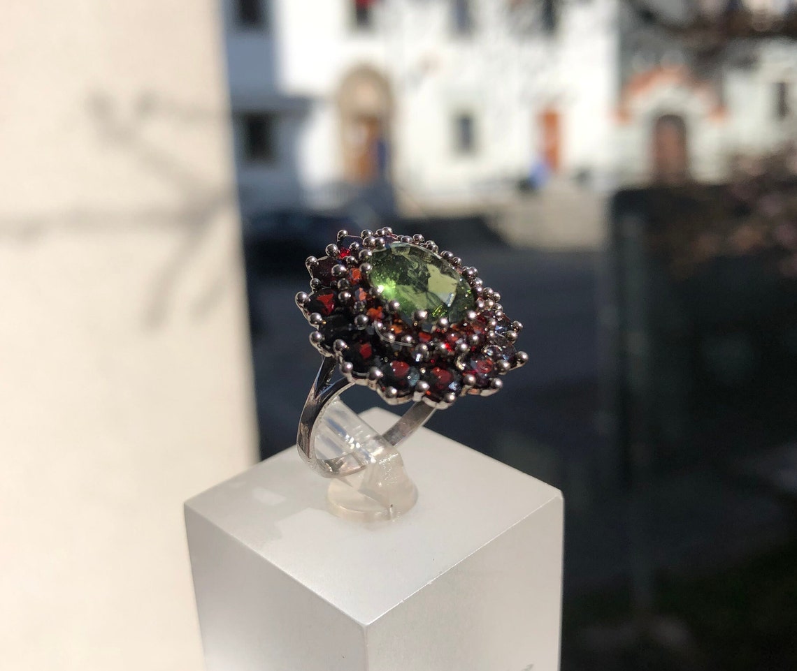 Genuine Moldavite Ring in 925 Sterling Silver Silver With Red Garnets ...