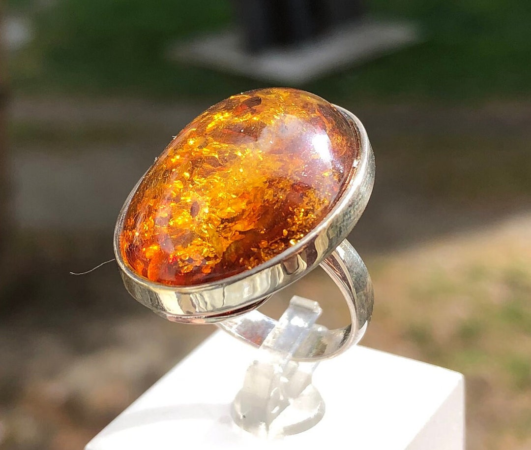 Baltic Amber Ring, Natural Amber, Red Amber Ring, Gold Plated Sterling ...