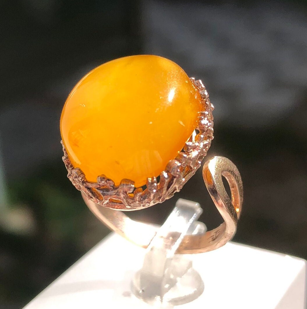 Handmade Baltic Amber Ring in Gilded 925 Sterling Silver, Orange Honey ...