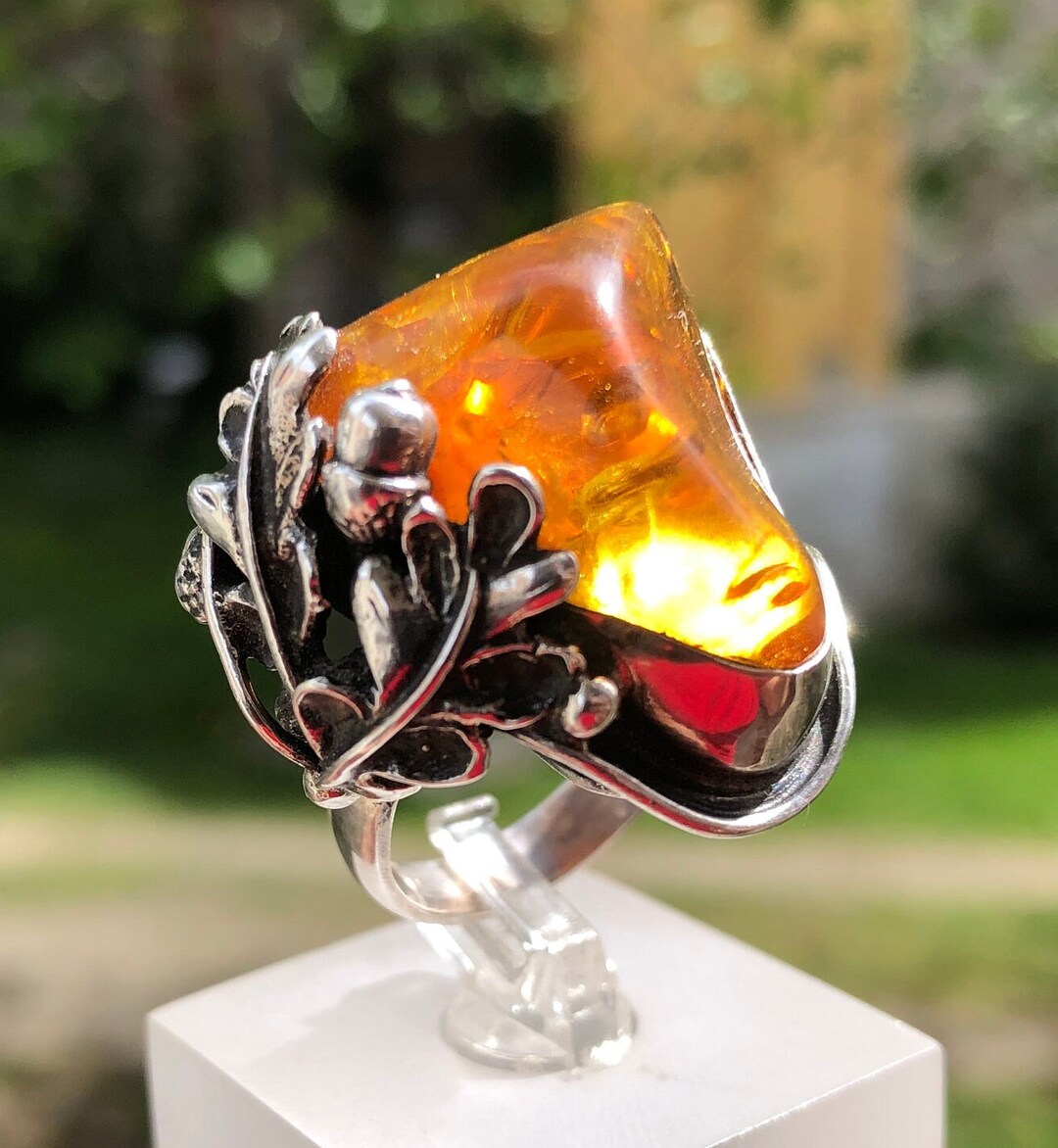 Vintage Baltic Amber Ring in 925 Sterling Silver - Leaf Shape Jewelry ...