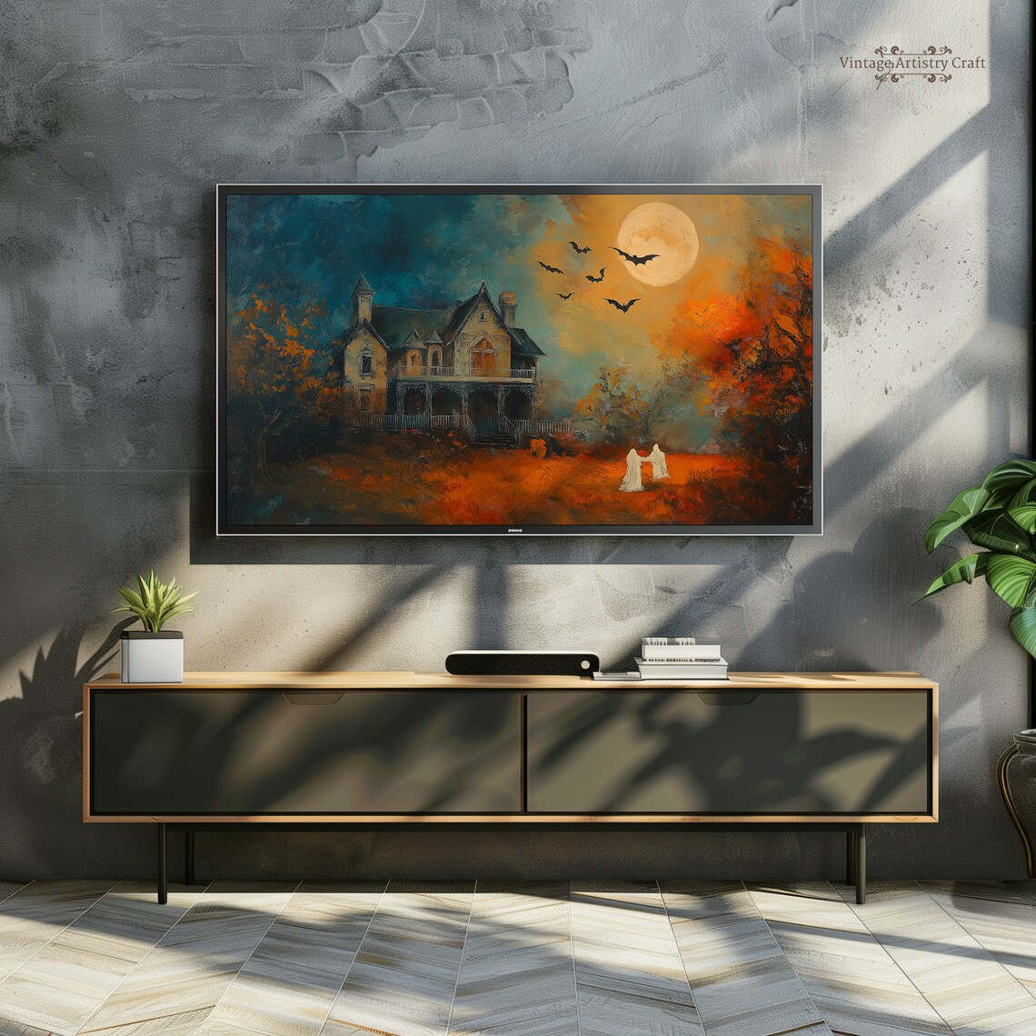 Halloween Frame TV Art, Moonlit Haunted House, Spooky Vibe Ghosts and ...