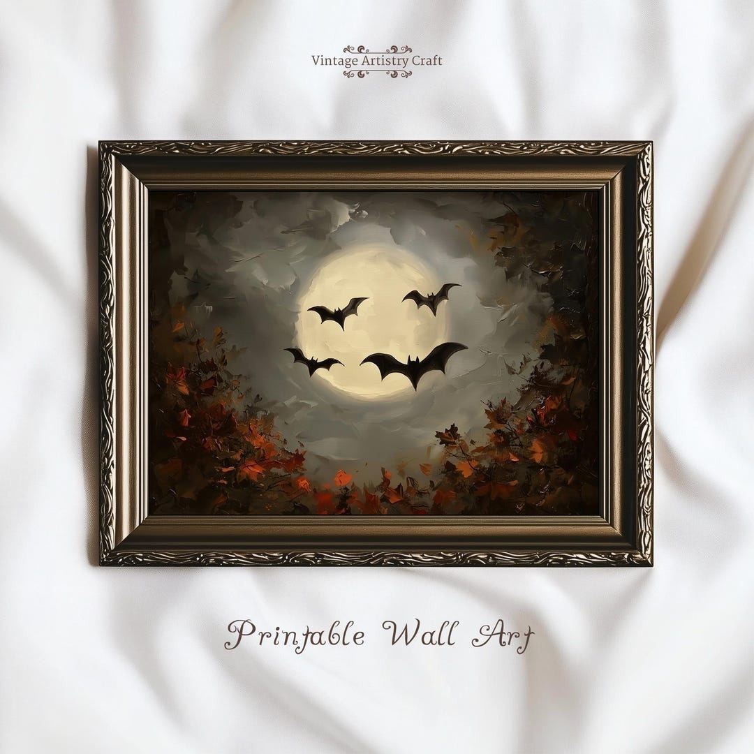 Vintage Spooky Halloween Bats Print, Autumn Full Moon Printable Wall ...