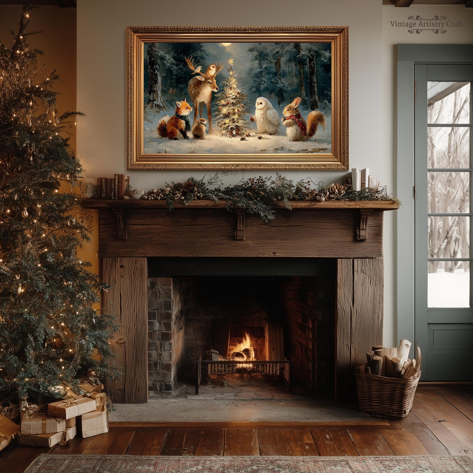 Vintage Woodland Christmas Nursery Frame TV Art, Winter Forest Animals ...