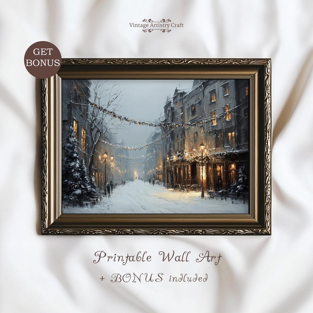 Printable Snowy Christmas Town Wall Art, Cozy Winter Street Painting ...