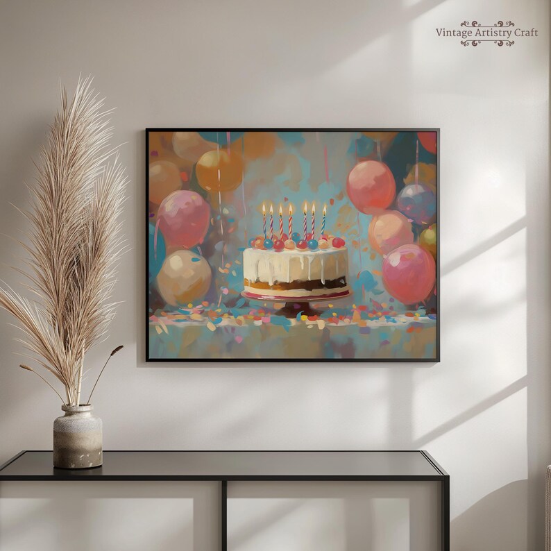 Printable Birthday Wall Art, Happy Birthday Artwork, Vintage Bday Cake ...