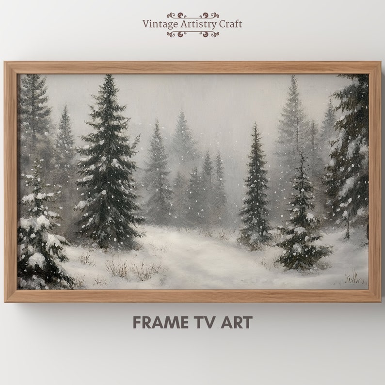 Vintage Samsung Frame TV Art, Snowy Pine Forest, Winter Atmosphere ...