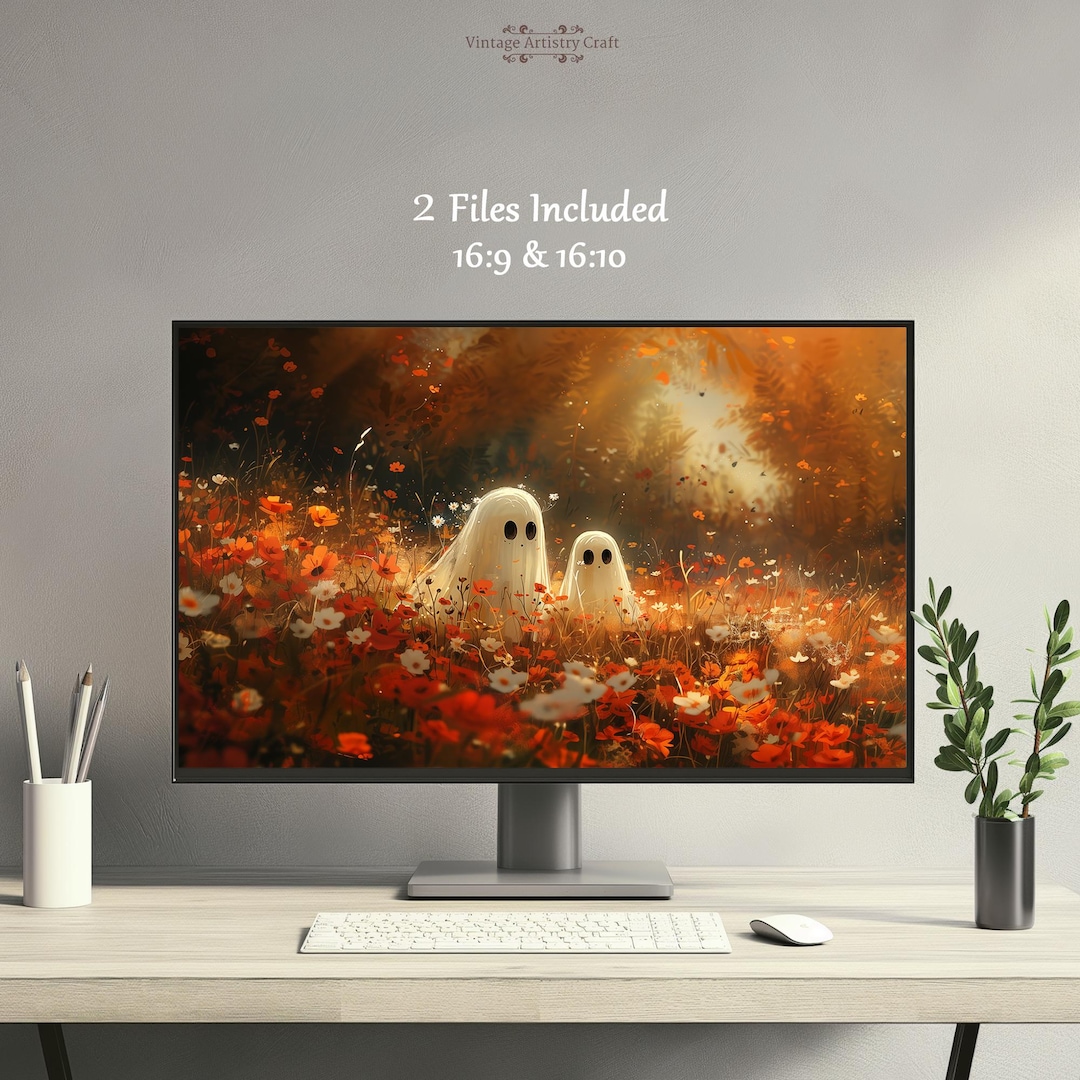 Halloween Wallpaper Cute Ghosts Wildflowers Spooky Autumn Desktop 4K PC ...