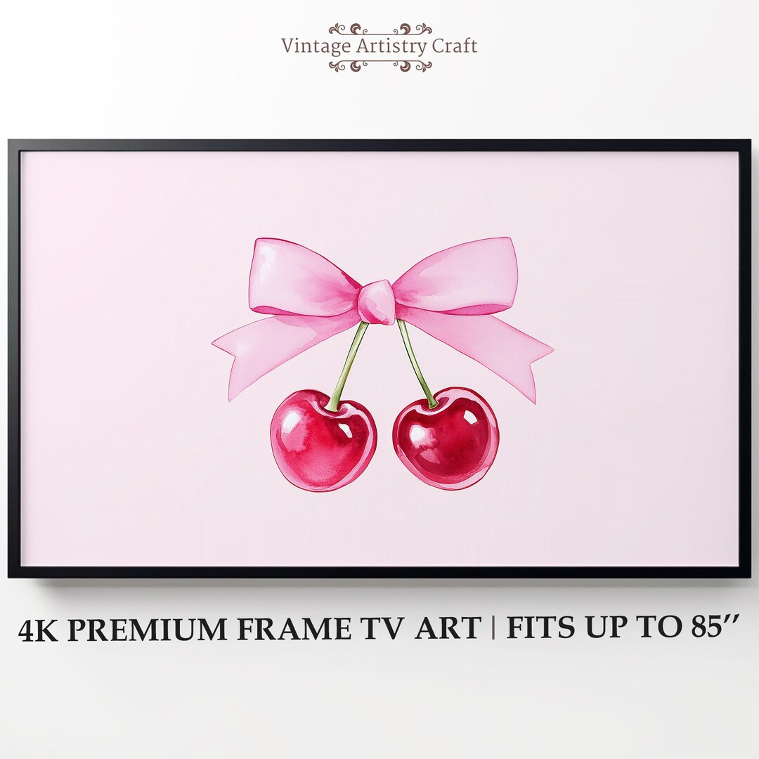 Minimalistic Samsung Frame TV Art, Cute Cherries Romantic Pink Bow ...