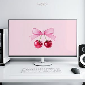 Aesthetic Cherry Bow Digital Wallpaper, Cute Pink Love PC Background ...