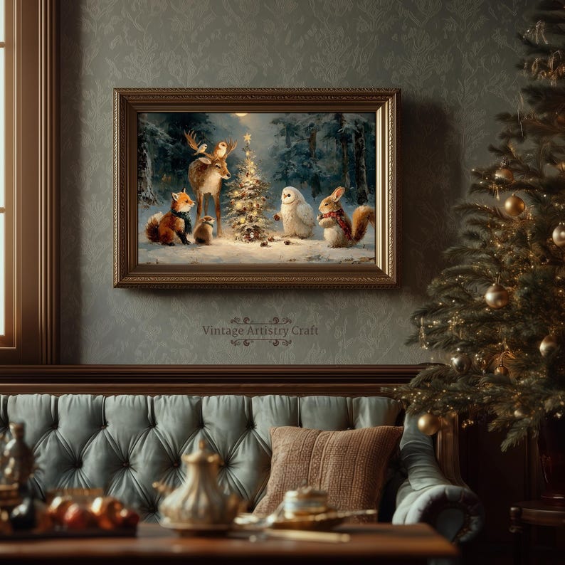 Vintage Woodland Christmas Nursery Frame TV Art, Winter Forest Animals ...