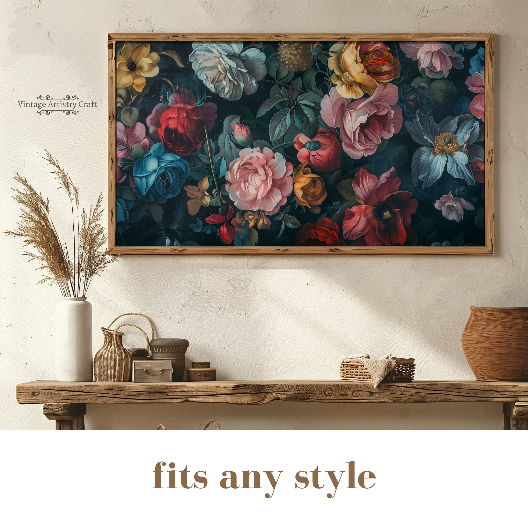 Muted Floral Wall Samsung Frame TV Art, Flower TV Background, Vintage ...