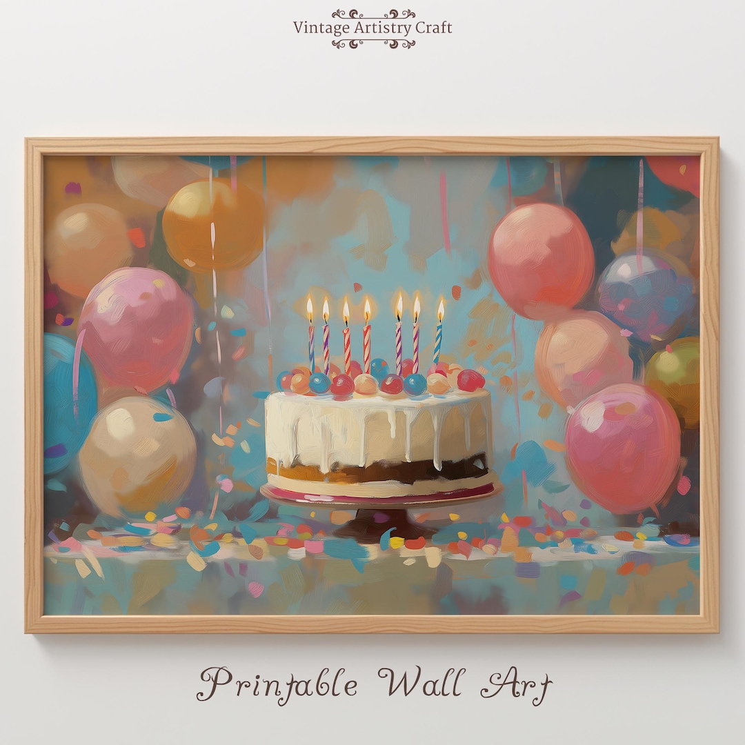 Printable Birthday Wall Art, Happy Birthday Artwork, Vintage Bday Cake ...