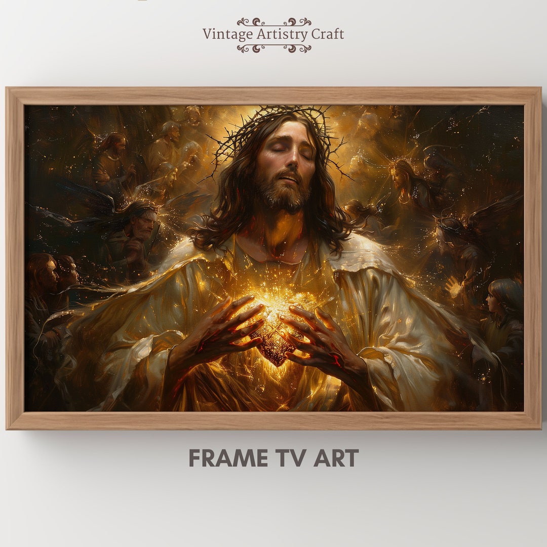 Frame TV Art Jesus With His Sacred Heart Christian Religious Oil ...