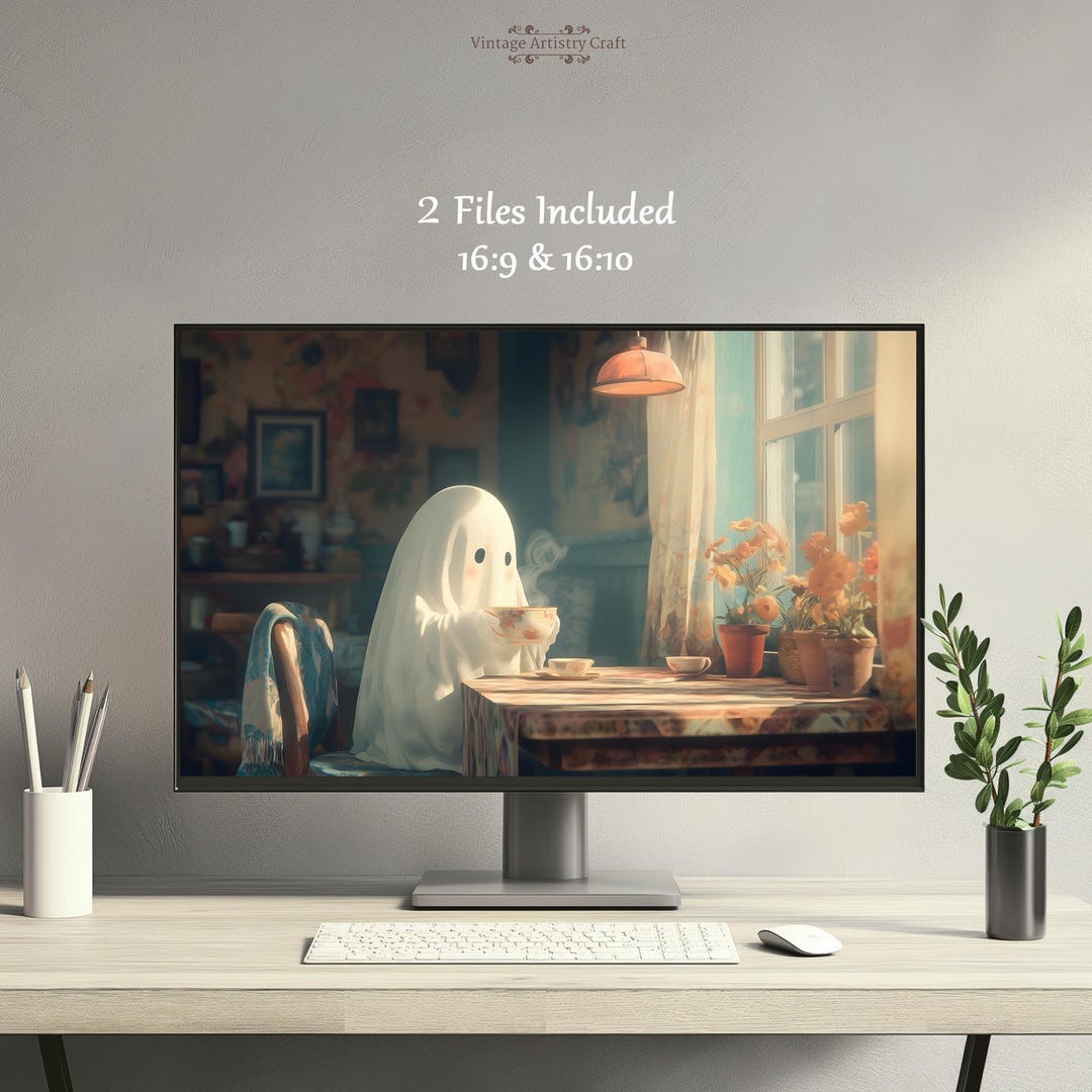 Textured Halloween Wallpaper Cute Ghost Drinks Coffee, Spooky Calm Fall ...