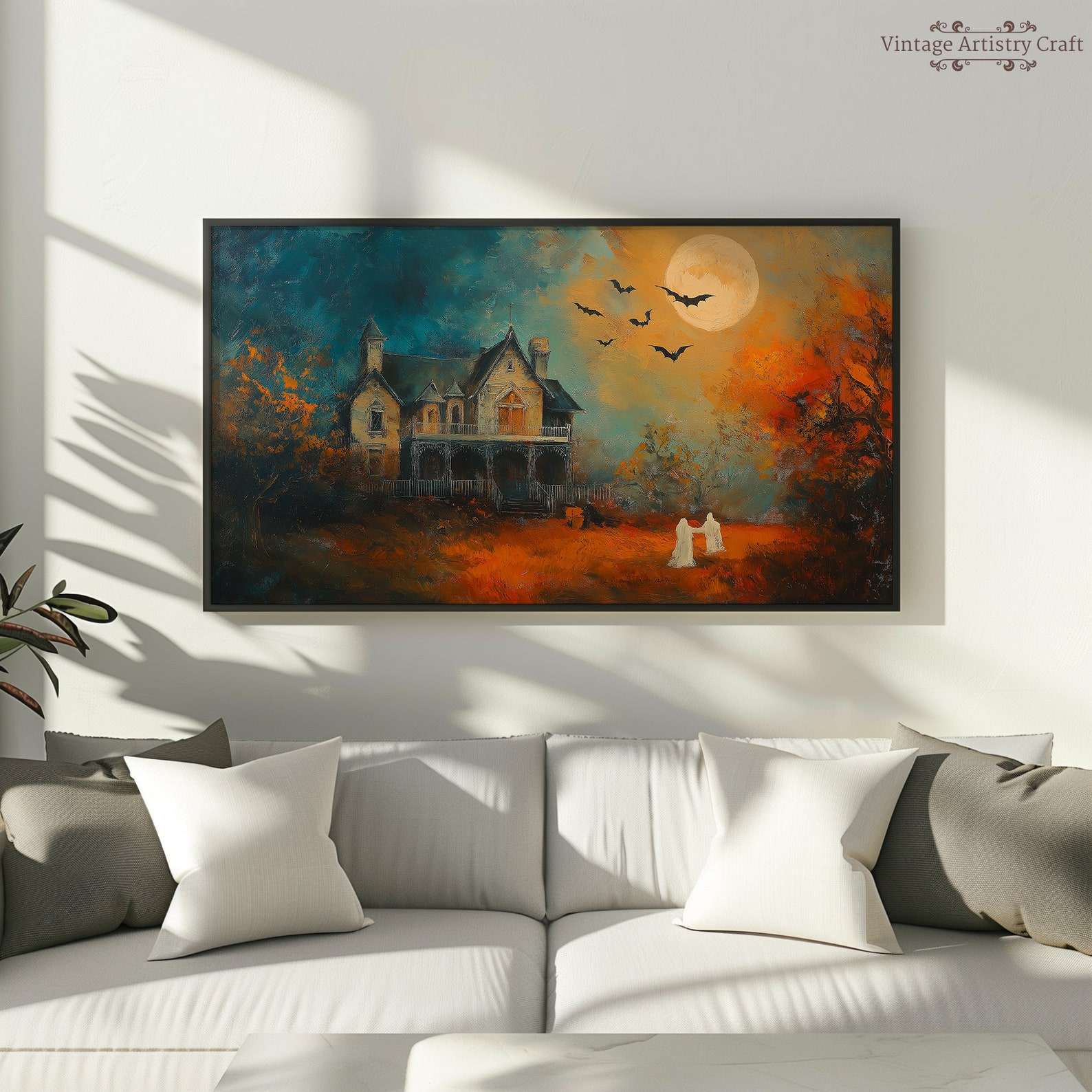 Halloween Frame TV Art, Moonlit Haunted House, Spooky Vibe Ghosts and ...
