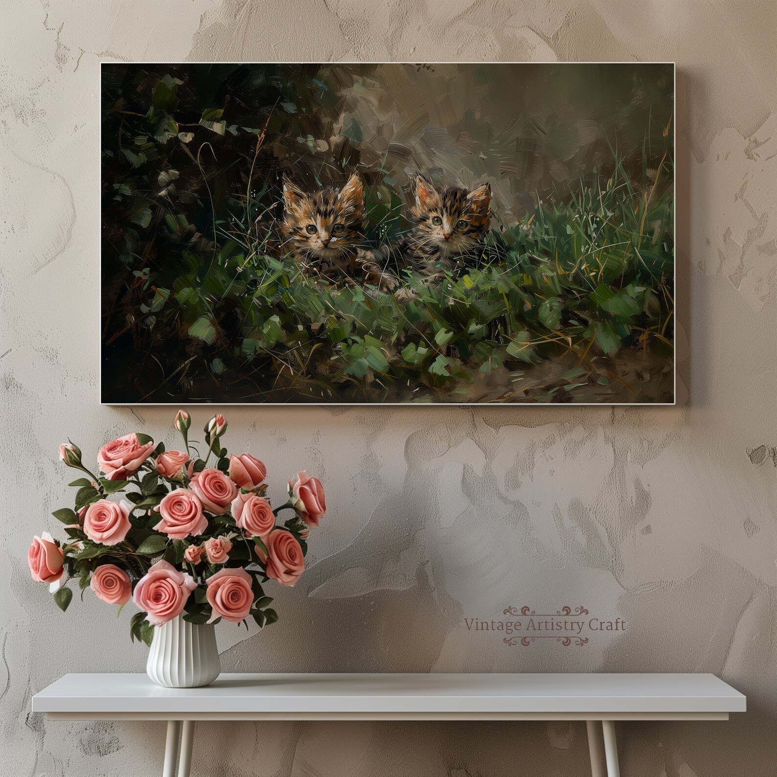 Cute Kitty Samsung Frame TV Art Landscape Vintage Painting Charming Cat ...