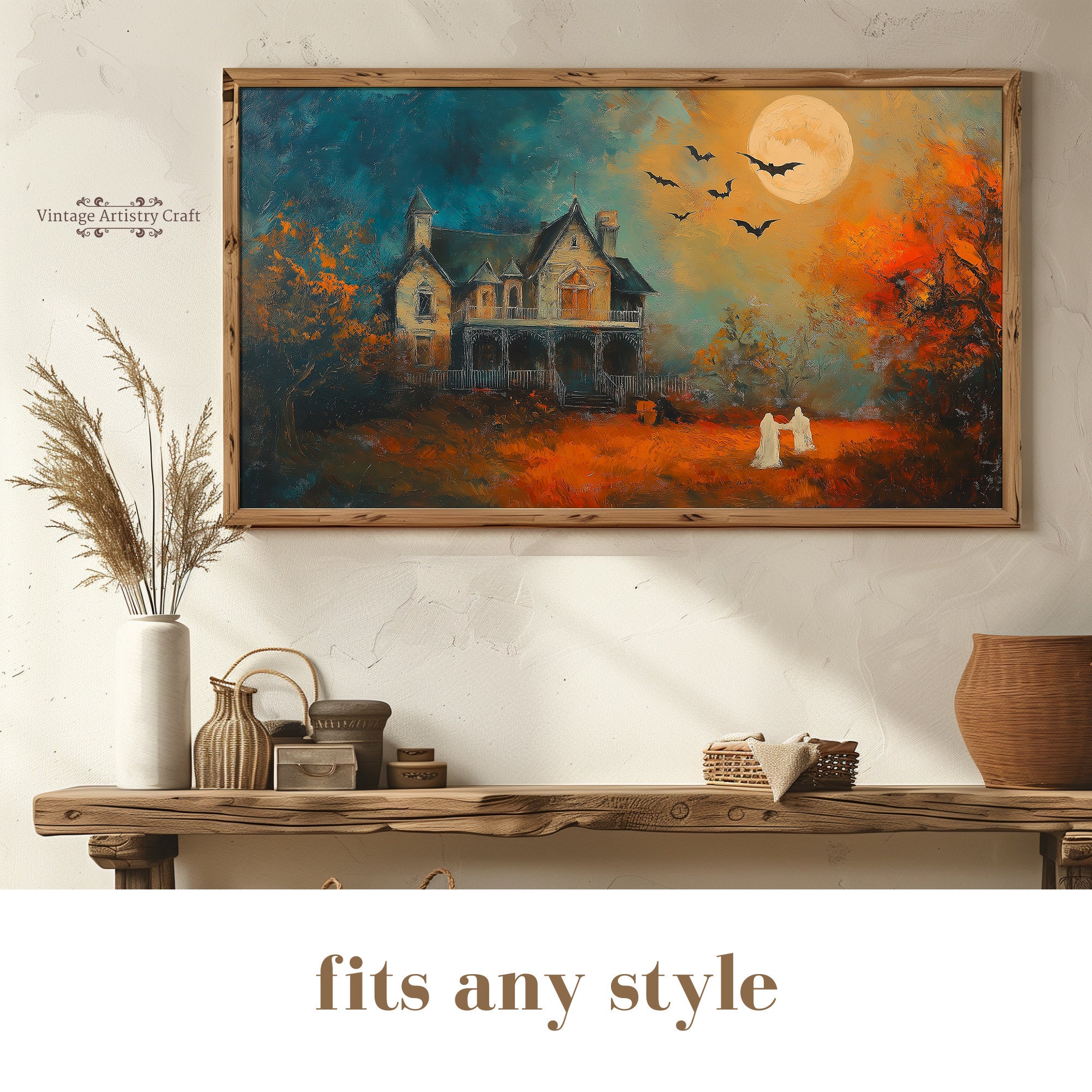 Halloween Frame TV Art, Moonlit Haunted House, Spooky Vibe Ghosts and ...