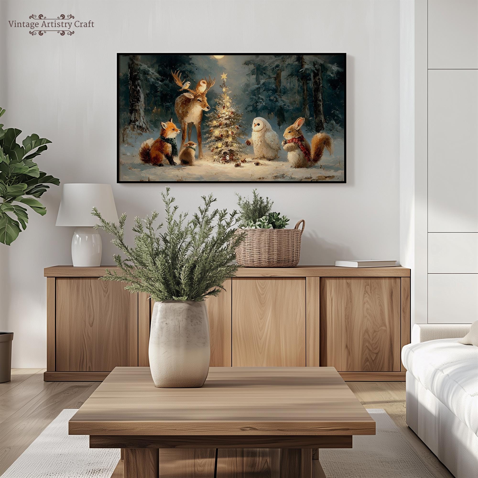 Vintage Woodland Christmas Nursery Frame TV Art, Winter Forest Animals ...