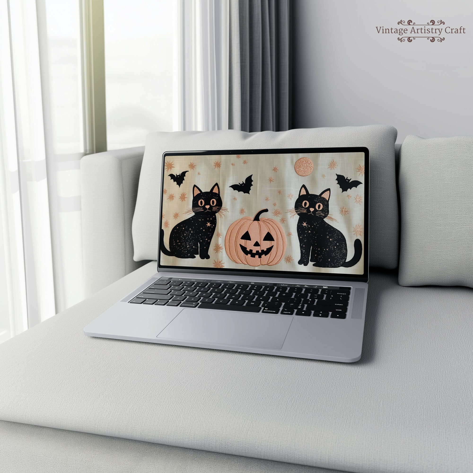 Cute Black Cats Texture Halloween Pumpkin Neutral Beige Aesthetic ...