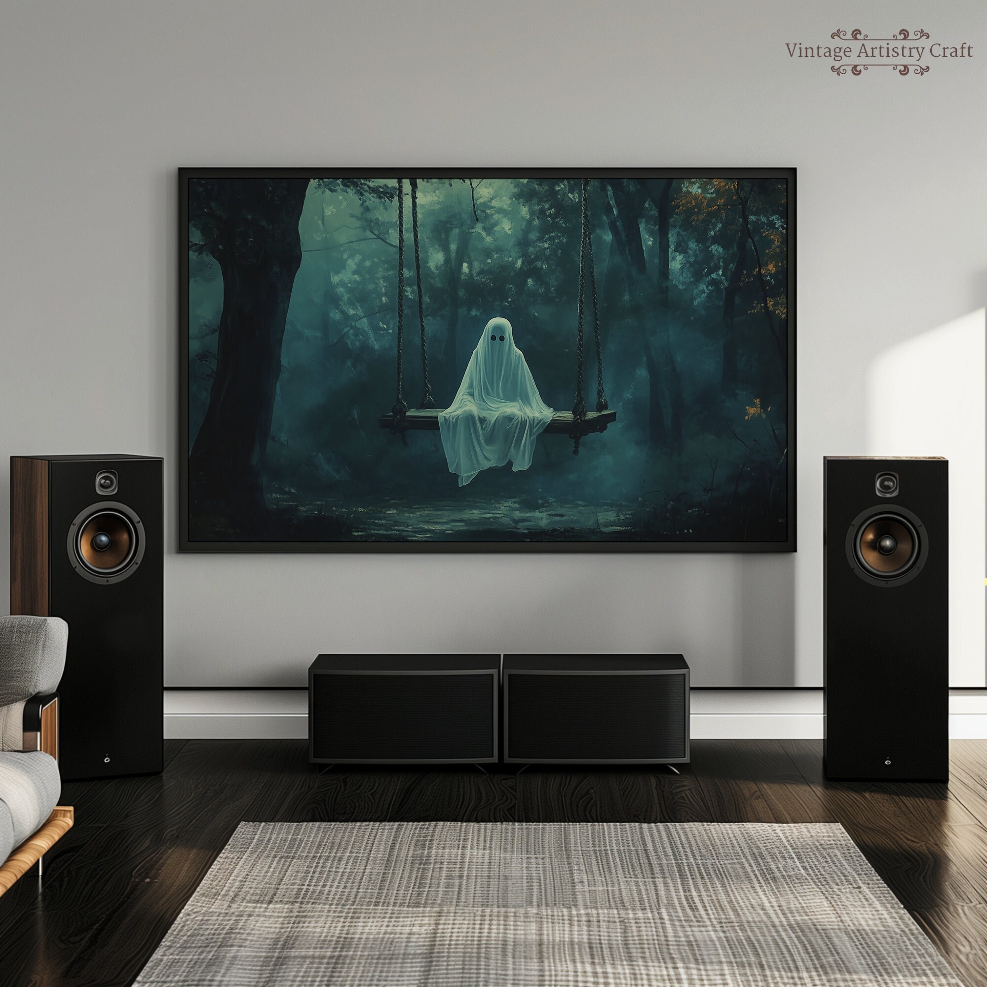 Halloween Samsung Frame TV Art, Spooky Ghost on Swing, Dark Misty ...