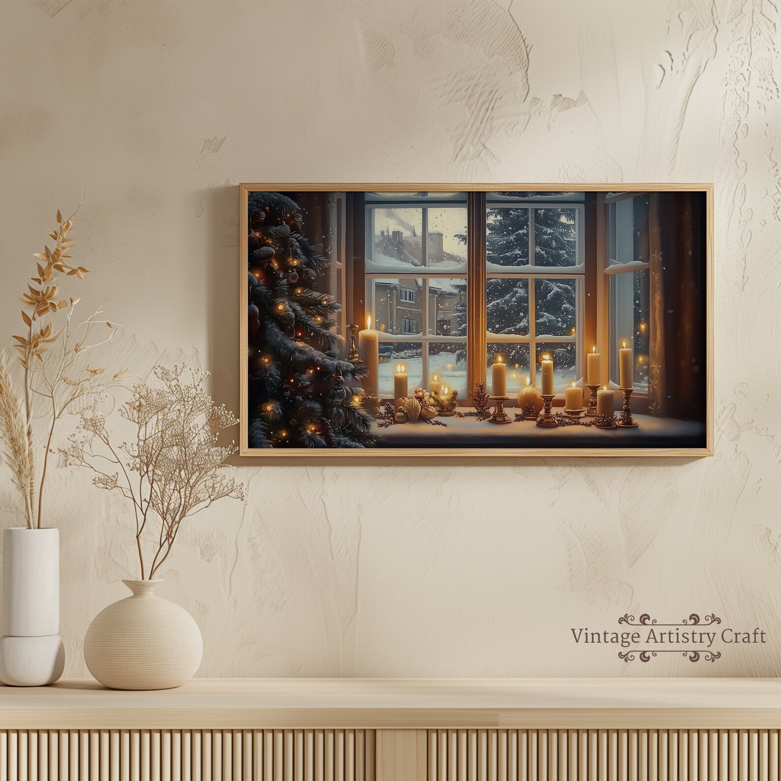 Christmas Samsung Frame TV Art, Candles Holiday Window, Snowy Tree ...
