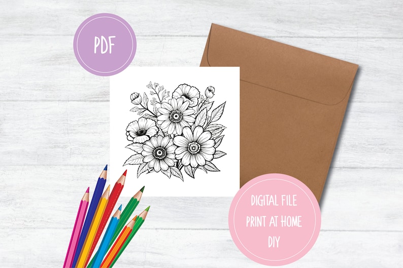 5 Printable Coloring Greeting Card With Flowers, Floral Coloring Card ...