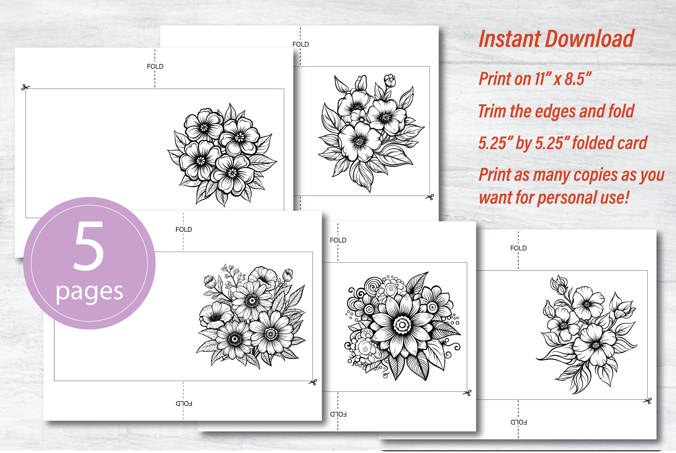 5 Printable Coloring Greeting Card With Flowers, Floral Coloring Card ...