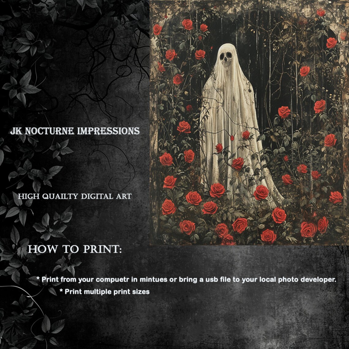 Garden Ghost Roses Art, Poster, Prints, Gothic Art, Halloween, Garden ...