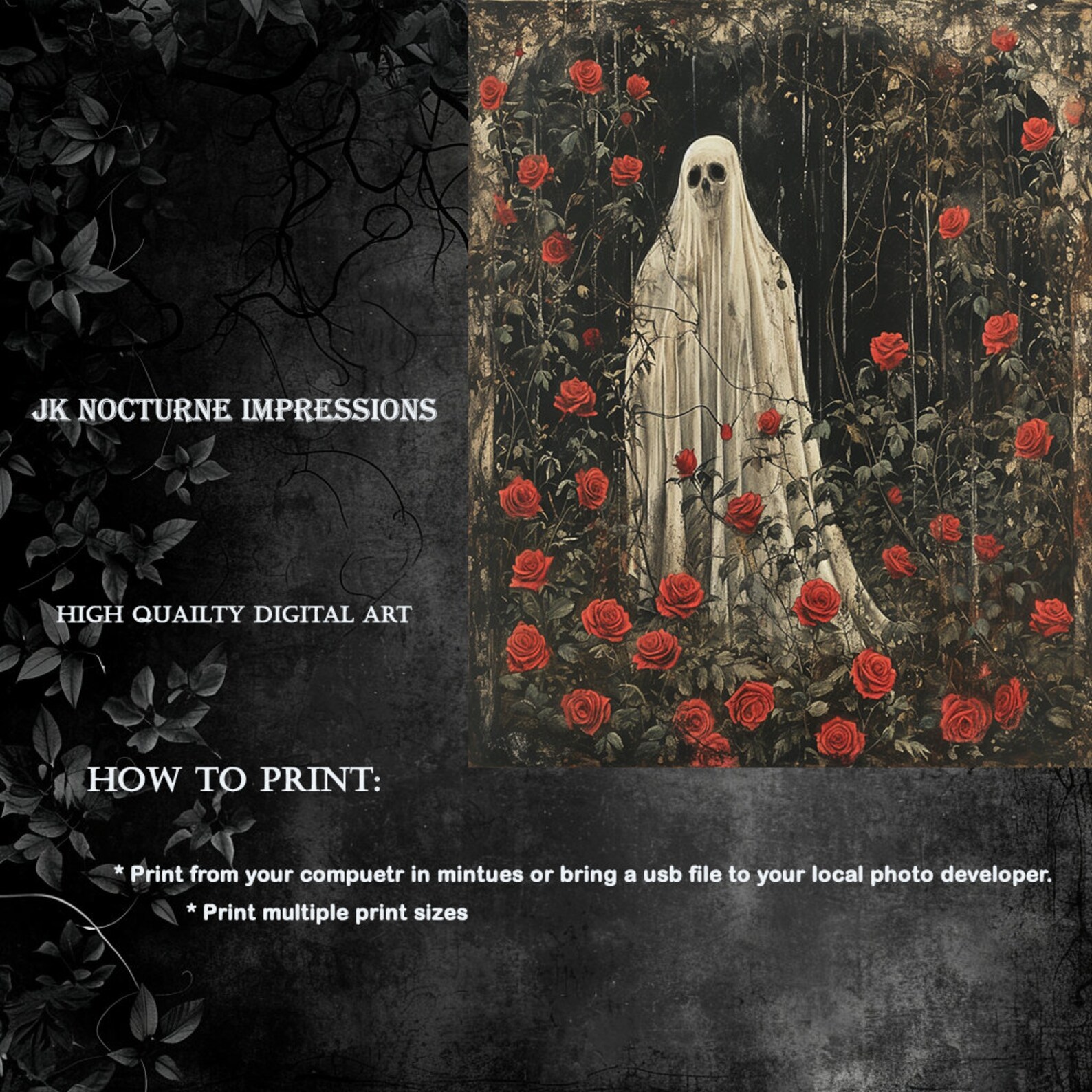 Garden Ghost Roses Art, Poster, Prints, Gothic Art, Halloween, Garden ...