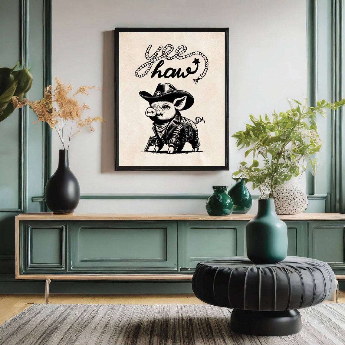 Yee Haw Print, Cowboy Printable Art, Pig Decor, Cowboy Pig, Living Room ...