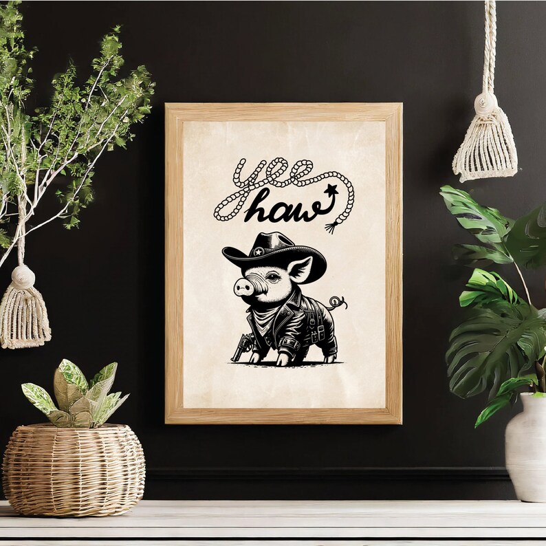 Yee Haw Print, Cowboy Printable Art, Pig Decor, Cowboy Pig, Living Room ...