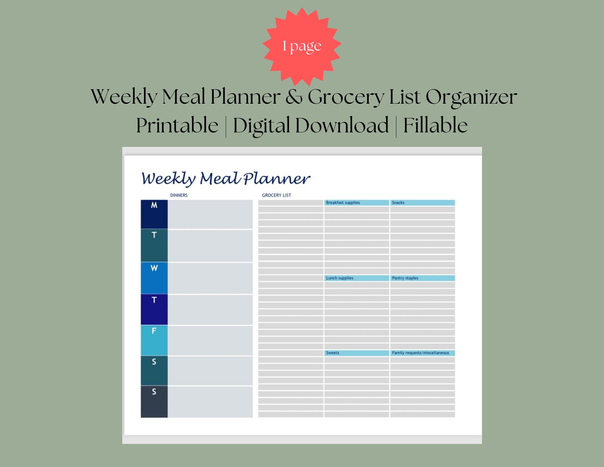 Weekly Meal Planner and Grocery List, Printable, Digital Download ...