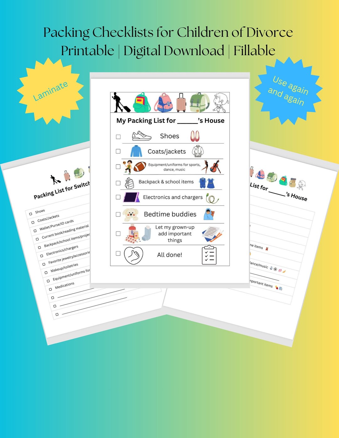 Packing Checklists for Children of Divorce, Printable, Fillable ...