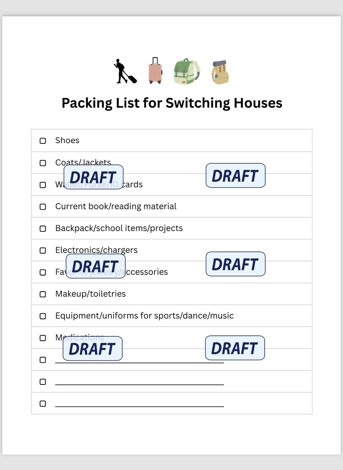 Packing Checklists for Children of Divorce, Printable, Fillable ...